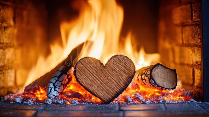 Wooden Heart in a Cozy Fireplace Setting, Fire Burning with a Glowing ...
