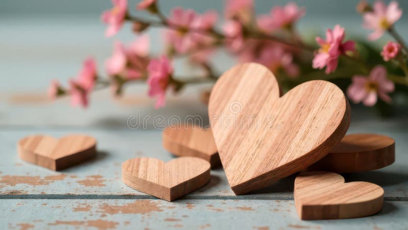Wooden Heart Decorations with Pink Flowers on Rustic Blue Surface Stock ...
