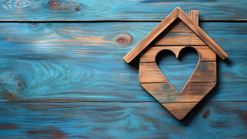 Wooden Heart-shaped House on a Blue Wooden Background Stock ...