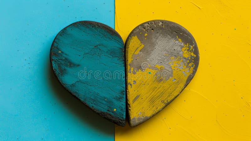 Wooden Heart Split in Half, One Side Blue. One Side Yellow on a Blue ...