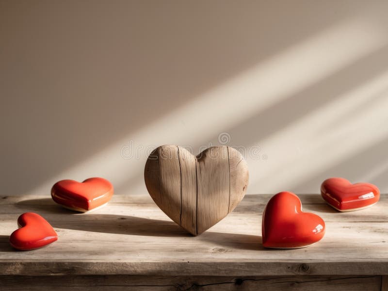 A Wooden Heart Surrounded by Multiple Red Hearts on a Table Stock Image ...