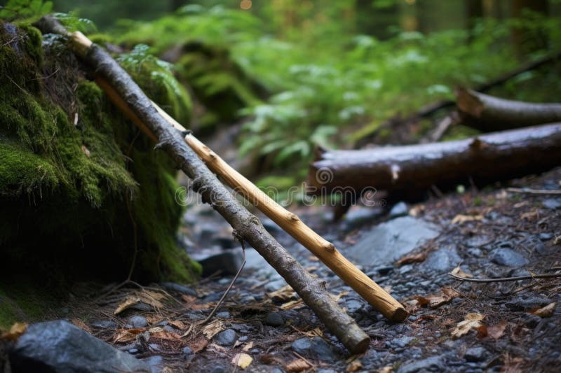 Wooden Hiking Sticks Resting Against a Log in a Forest Stock Photo ...