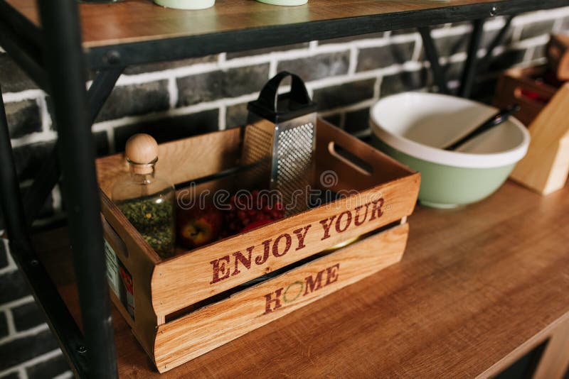 Wooden Home Decor and Storage Box at Modern Kitchen. Kitchenware ...