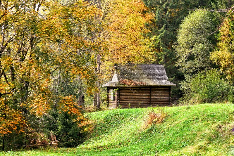 Wooden House in the Autumn Forest Stock Photo - Image of domestic ...