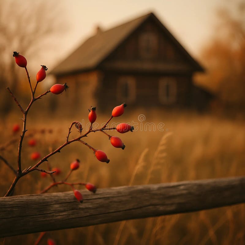Wooden House in the Background with a Blurred Effect, Rose Hips on ...