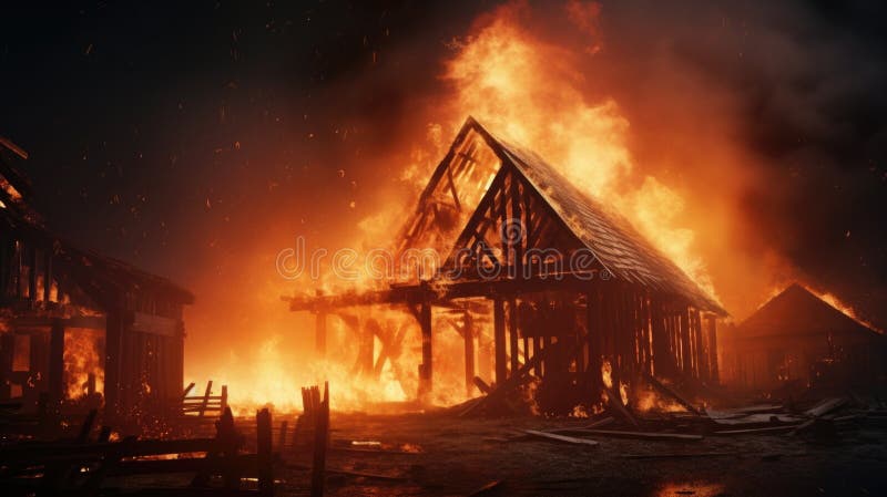 A Wooden House or Barn Burning at Night on Fire Stock Image - Image of ...