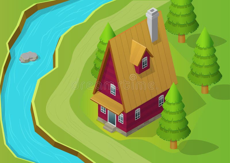 Wooden House beside a Beautiful Stream Stock Vector - Illustration of ...
