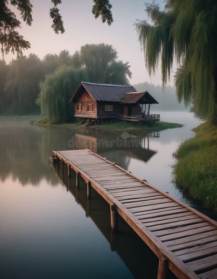 Wooden House and Bridge on the Lake Stock Illustration - Illustration ...