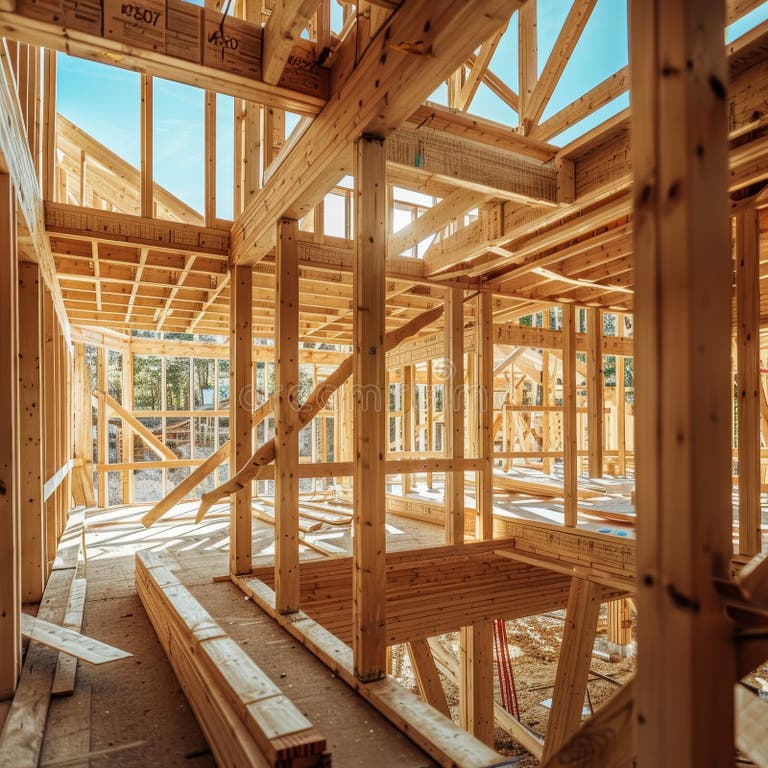 Wooden House Construction Building Frame in Progress with Timber ...