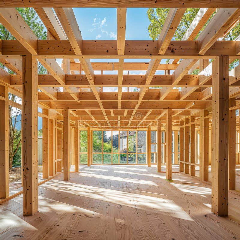 Wooden House Construction Frame Assembly in Progress at the Building ...