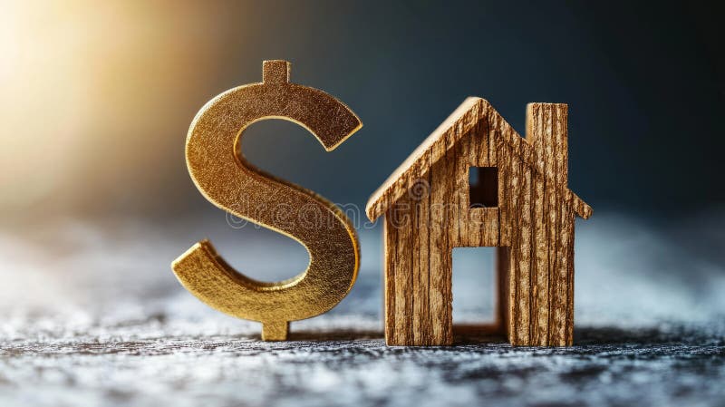 Wooden House and Dollar Sign on Surface with Light. Stock Image - Image ...