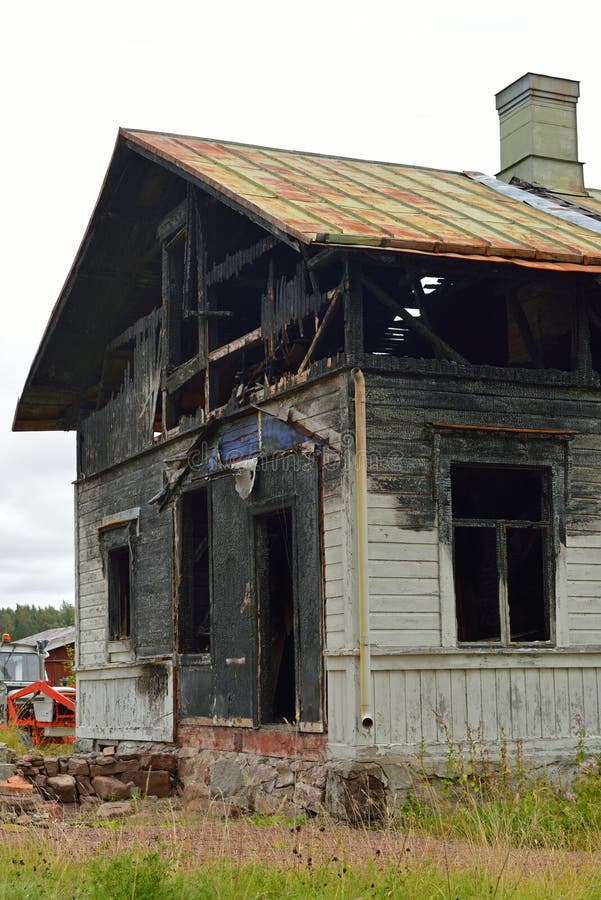 Wooden house after fire stock photo. Image of breakdown - 44345478