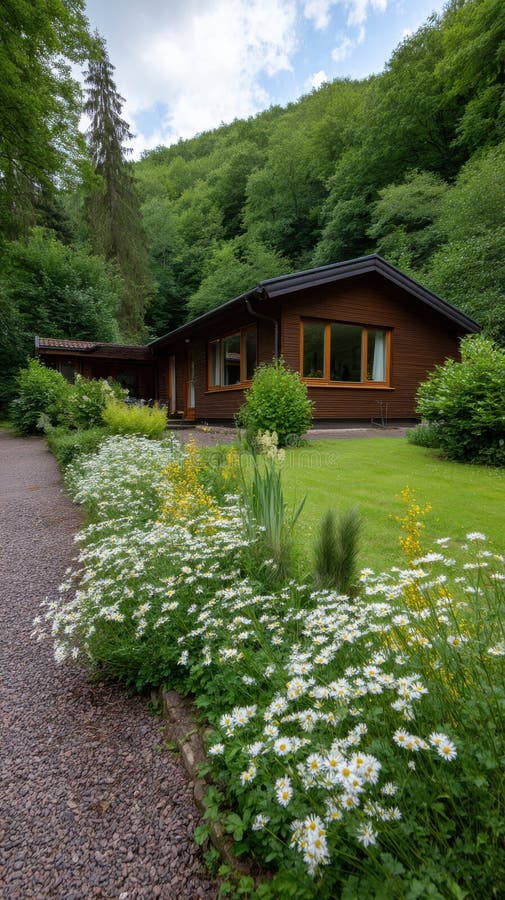 Wooden House in Forest Setting with Daisies and Pathway Stock Photo ...