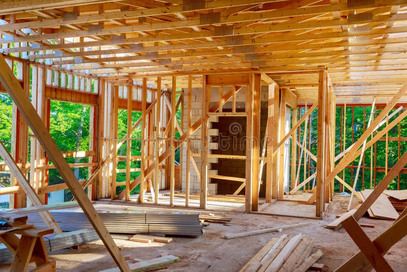 Wooden House Frame Structure on a New Development Stock Photo - Image ...