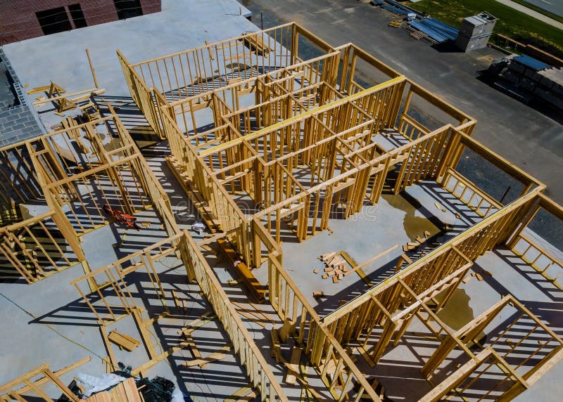 Wooden House Frame Structure on a New Development Stock Photo - Image ...
