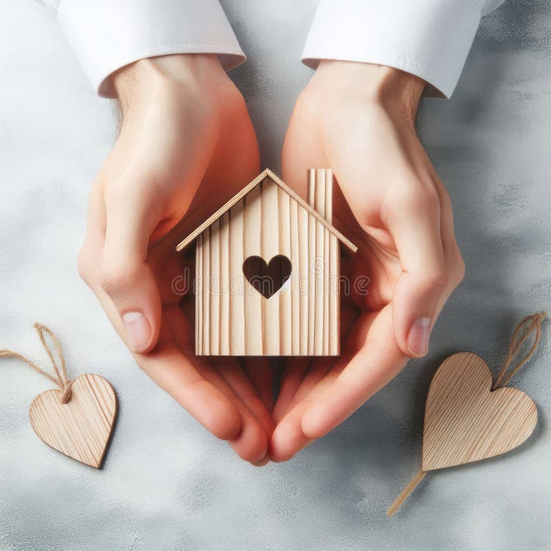 A Wooden House with a Heart in the Center, Protected by Hands. Stock ...