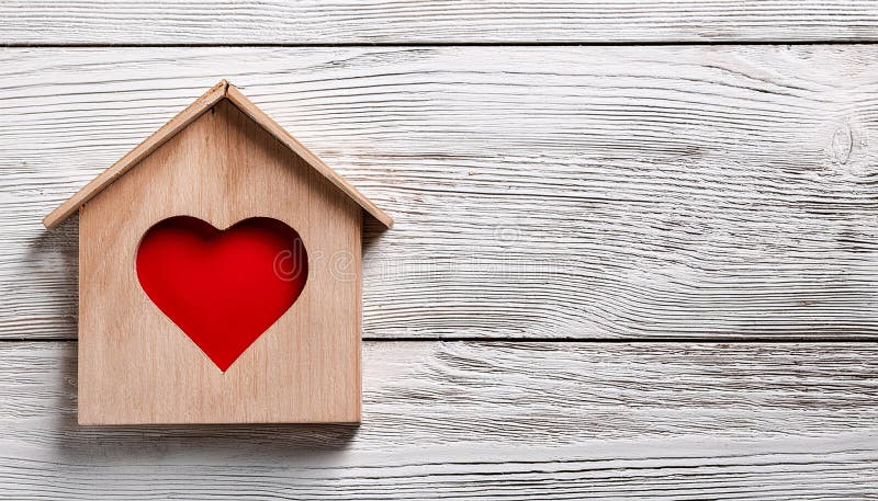 Wooden House with Heart Cutout on White Rustic Wooden Background Stock ...
