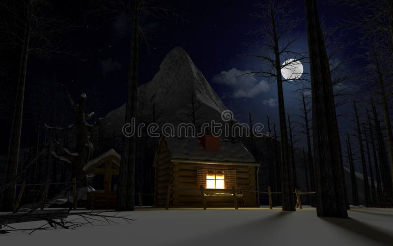 Wooden House with Lights in a Beautiful Wintry Landscape at Night with ...