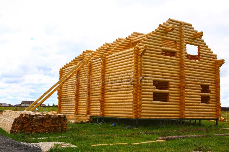 Wooden House from Logs, Under Construction Stock Image - Image of ...