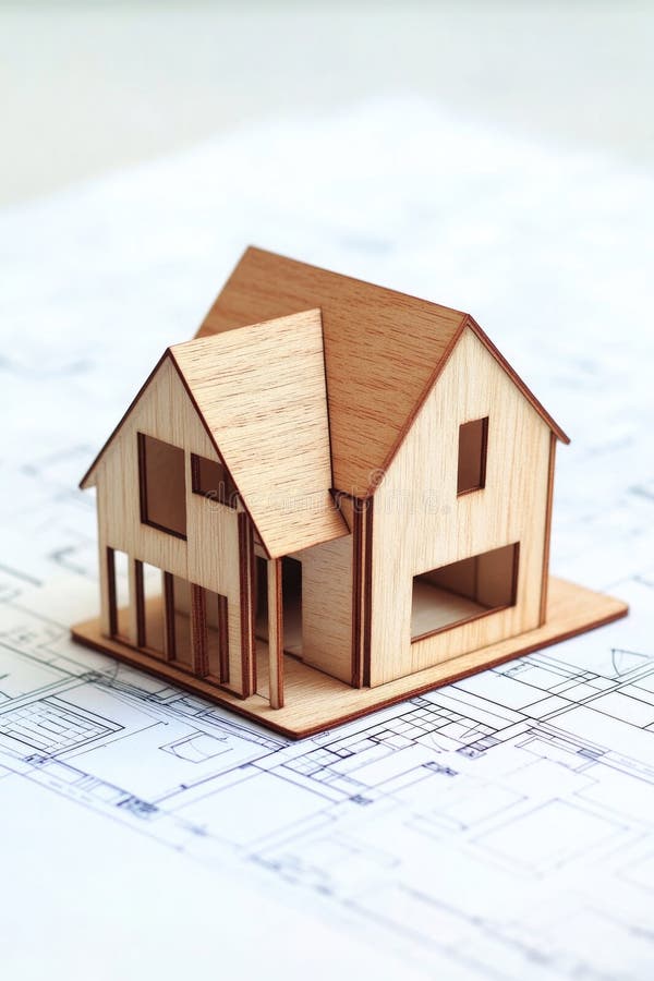 Wooden House Model on Construction Plans Stock Photo - Image of ...