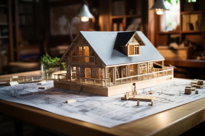 Wooden House Model with Detailed Blueprints in Studio, Architectural ...