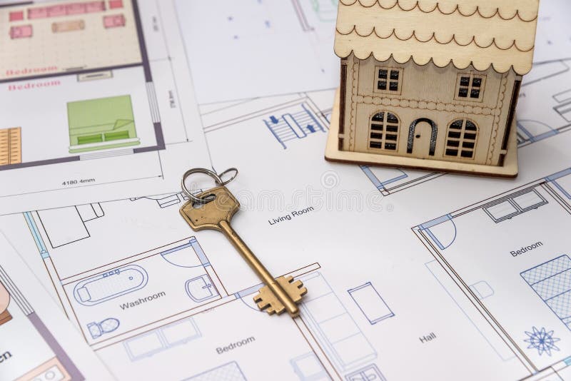 Wooden House Model with Key on House Plan Stock Image - Image of facade ...