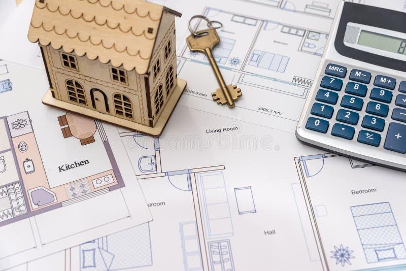 Wooden House Model and Key on House Plan Drawing Stock Image - Image of ...