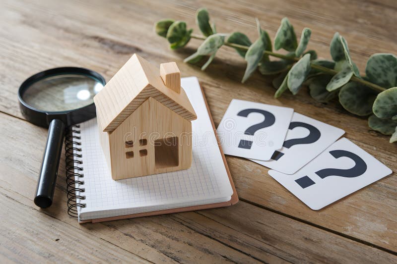 Wooden House Model on Notebook with Cards, Magnifying Glass, Suggests ...