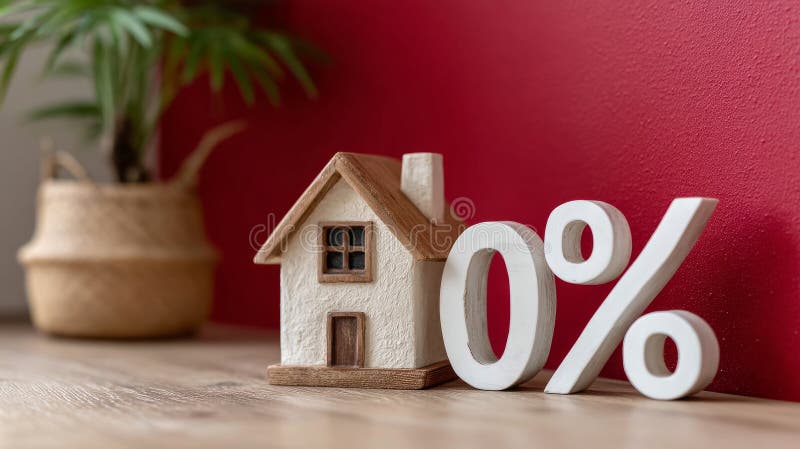 Wooden House Model Zero Percent Symbol Red Background Stock Photos ...