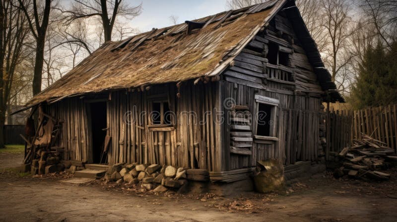 Wooden House of Poor People Stock Illustration - Illustration of ...