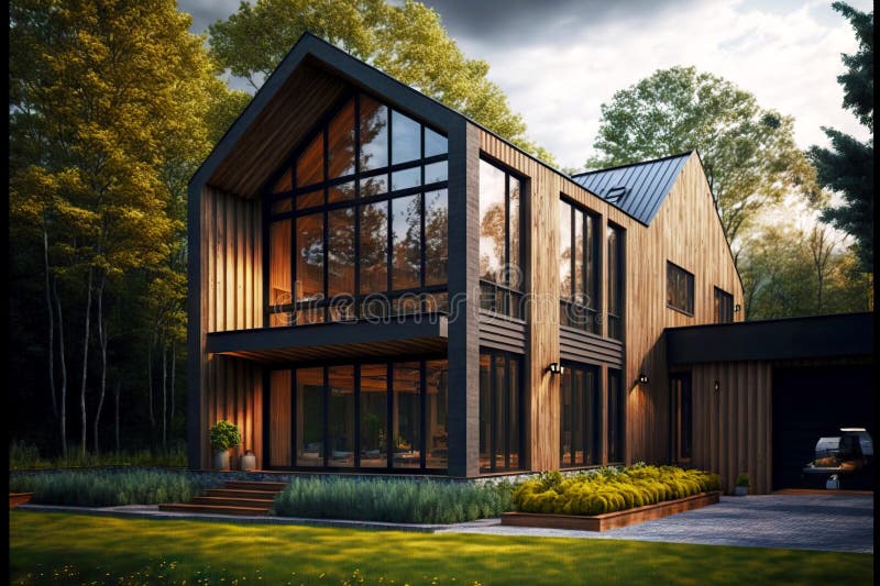 Wooden House of Rectangular Architecture with Large Windows in American ...