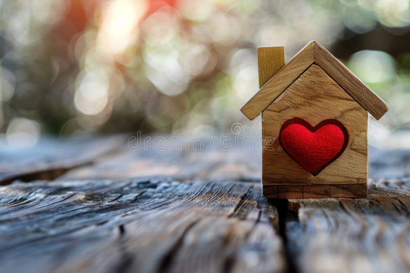 Wooden House with Red Heart Shape on Empty Wooden Table, New House ...
