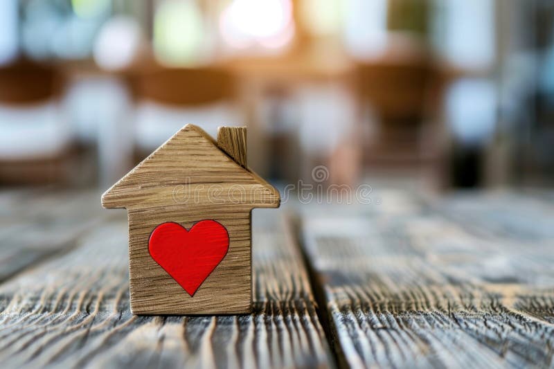 Wooden House with Red Heart Shape on Empty Wooden Table, New House ...