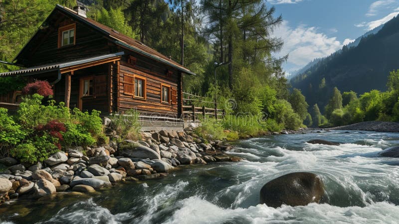 Wooden House and River. Ai Generative Stock Illustration - Illustration ...
