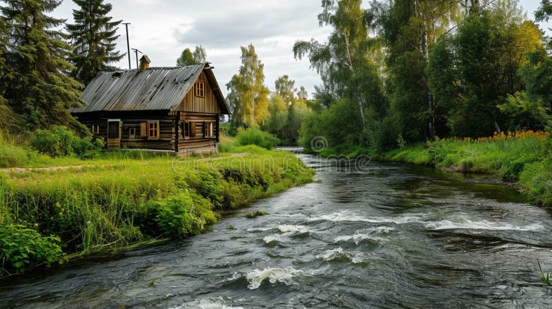 Wooden House and River. Ai Generative Stock Photo - Image of lake ...
