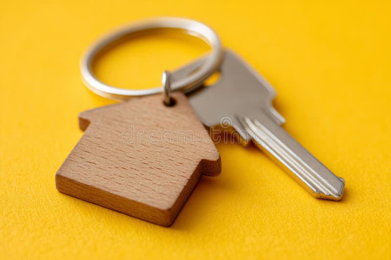 A Wooden House Shaped Keychain with Two Keys on a Yellow Background ...