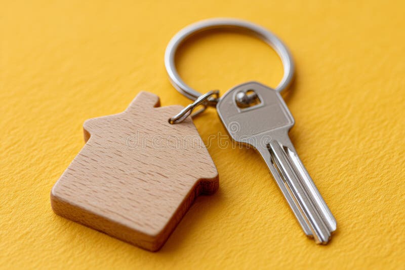 A Wooden House Shaped Keychain with Two Keys on a Yellow Background ...