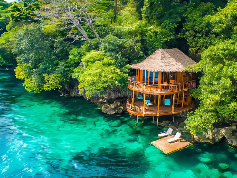A Wooden House on a Small Island in the Middle of the Ocean Stock Image ...