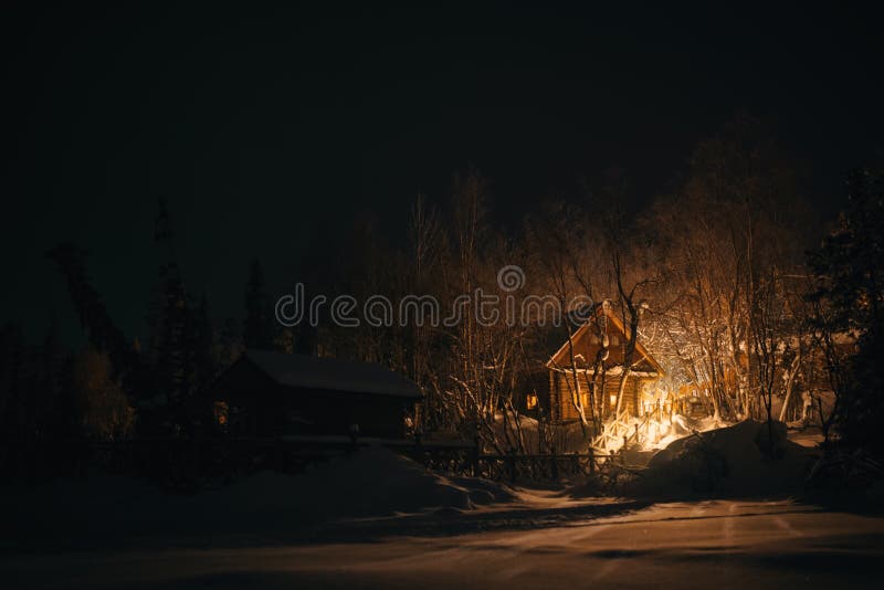 Wooden House in Snowy Forest at Winter Night Stock Image - Image of ...