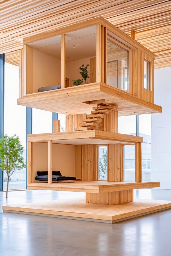 A Wooden House with a Staircase in the Middle of it Stock Image - Image ...