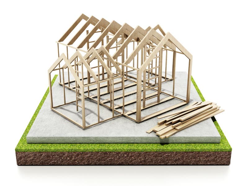 Wooden House Structure on Concrete Base. 3D Illustration Stock ...