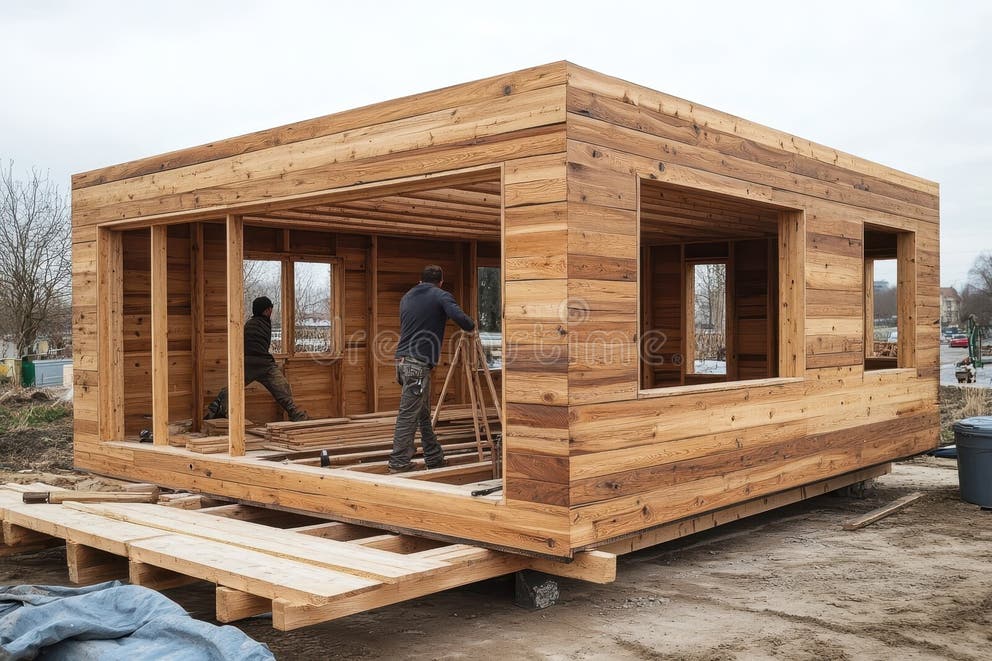 A Wooden House Structure Under Construction with Workers Assembling Walls and Framing. Focus on ...