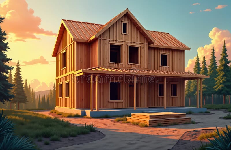 Wooden House Under Construction. Framing, Beams Visible. House Situated ...