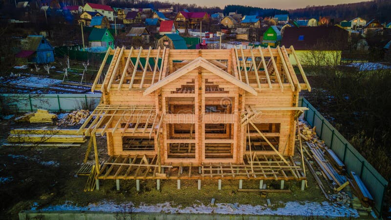 Wooden House Under Construction Made of Timber Stock Image - Image of ...