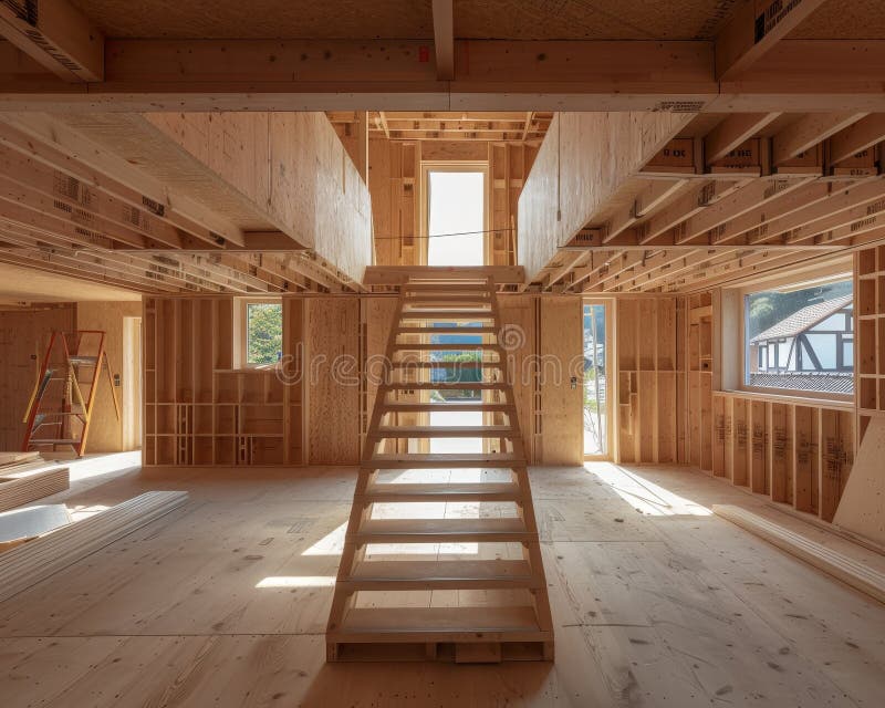Wooden House Under Construction with Pine Panel Walls and Panoramic ...