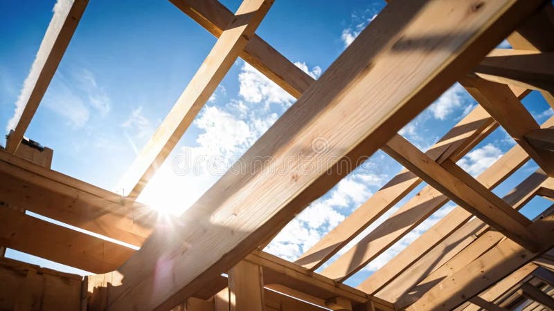 A Wooden House Under Construction with Sun Rays Shining through the ...
