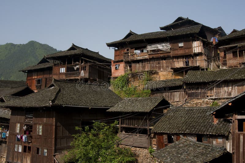 The Chinese Miao Nationality Wooden House Panorama Stock Photo - Image ...