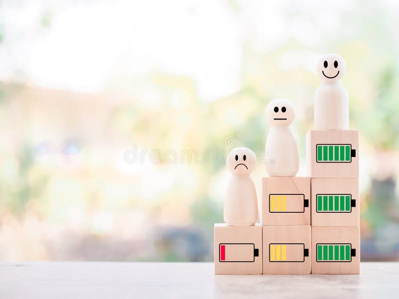Wooden Human Figure and Status of Battery Charging with Emotion Face ...