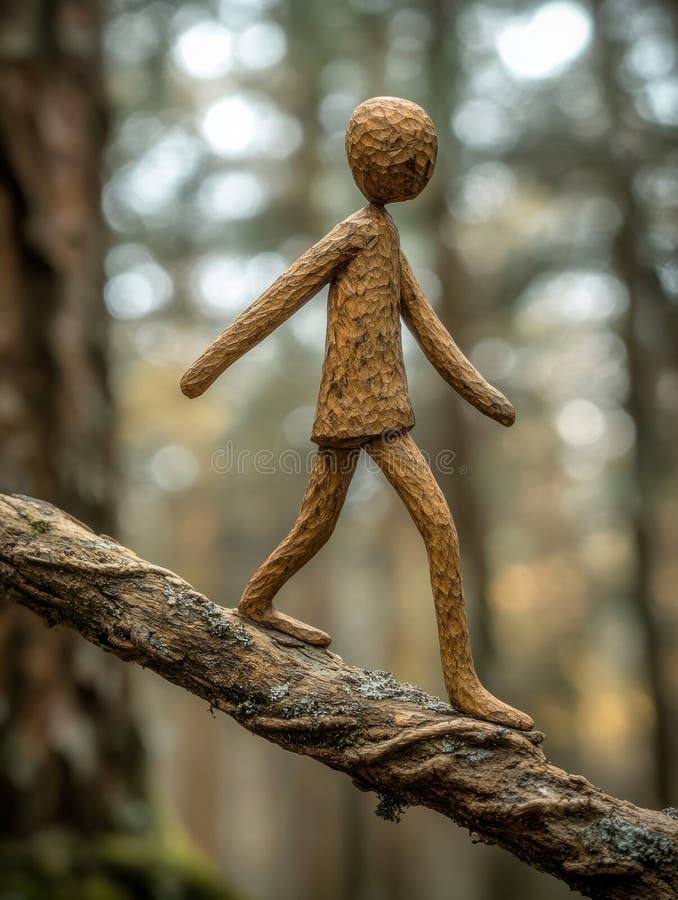 A Wooden Human Figure Walking on a Branch. Stock Image - Image of ...