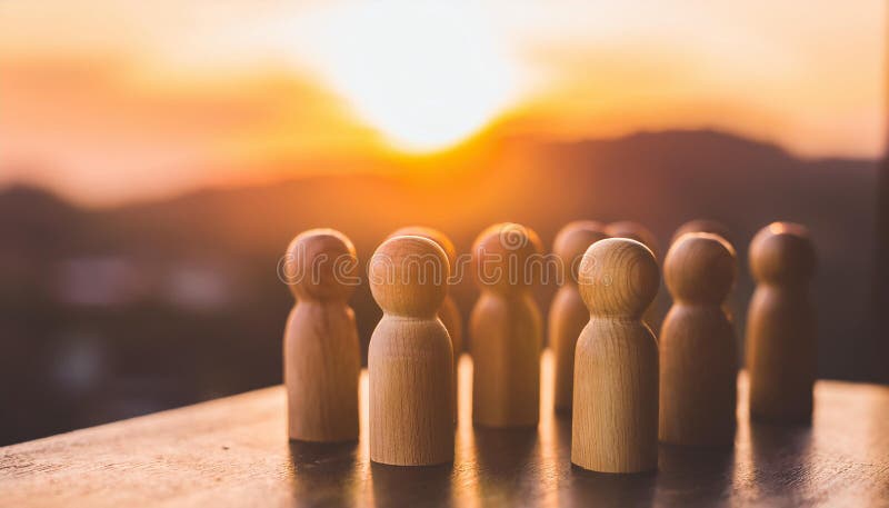 Wooden Human Figures Against Sunset. Unity and Teamwork Concept Stock ...